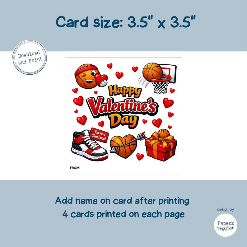 Basketball Valentine Cards for Kids, Sports-themed Classroom Valentines ...