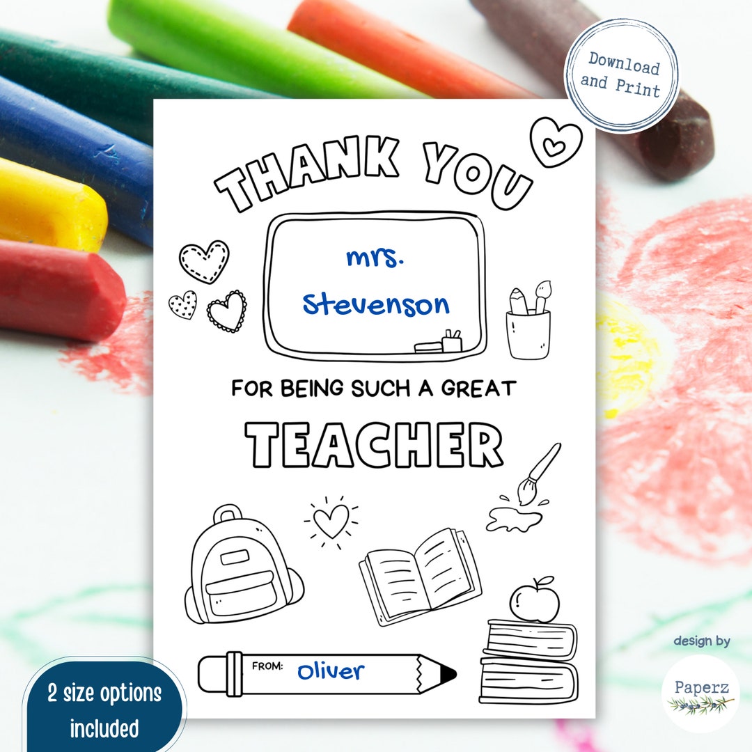 Teacher Thank You Coloring Card: Printable DIY Gift (instant Download ...
