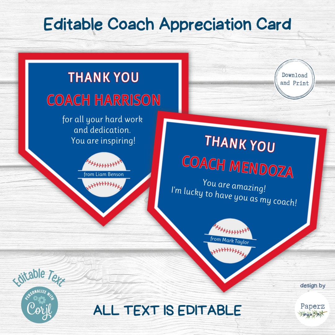 Editable Appreciation Tag for Coach, Printable Thank You Card for ...