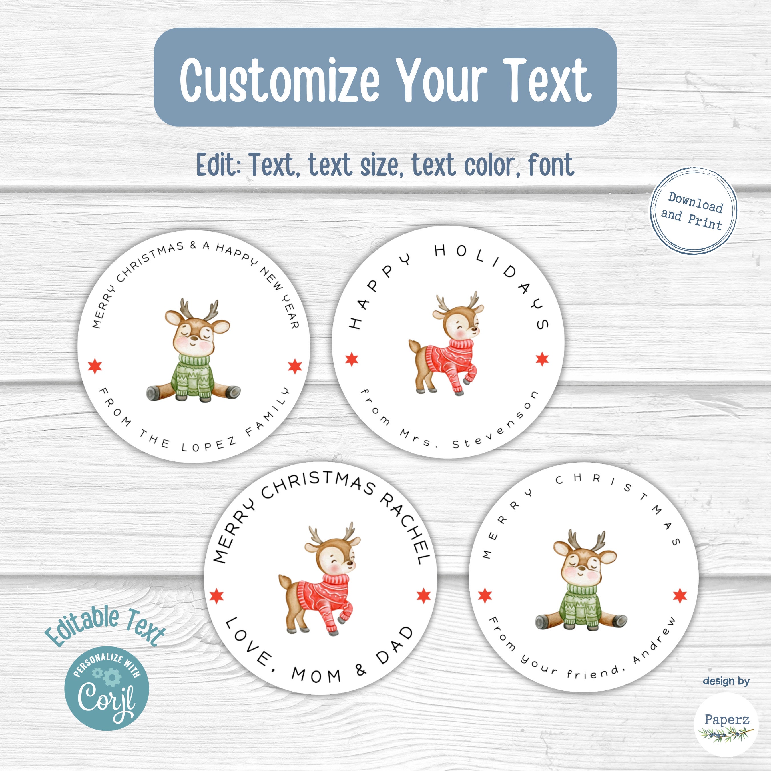 Printable Christmas Gift Tag Template, Cute Editable Holiday Reindeer ...