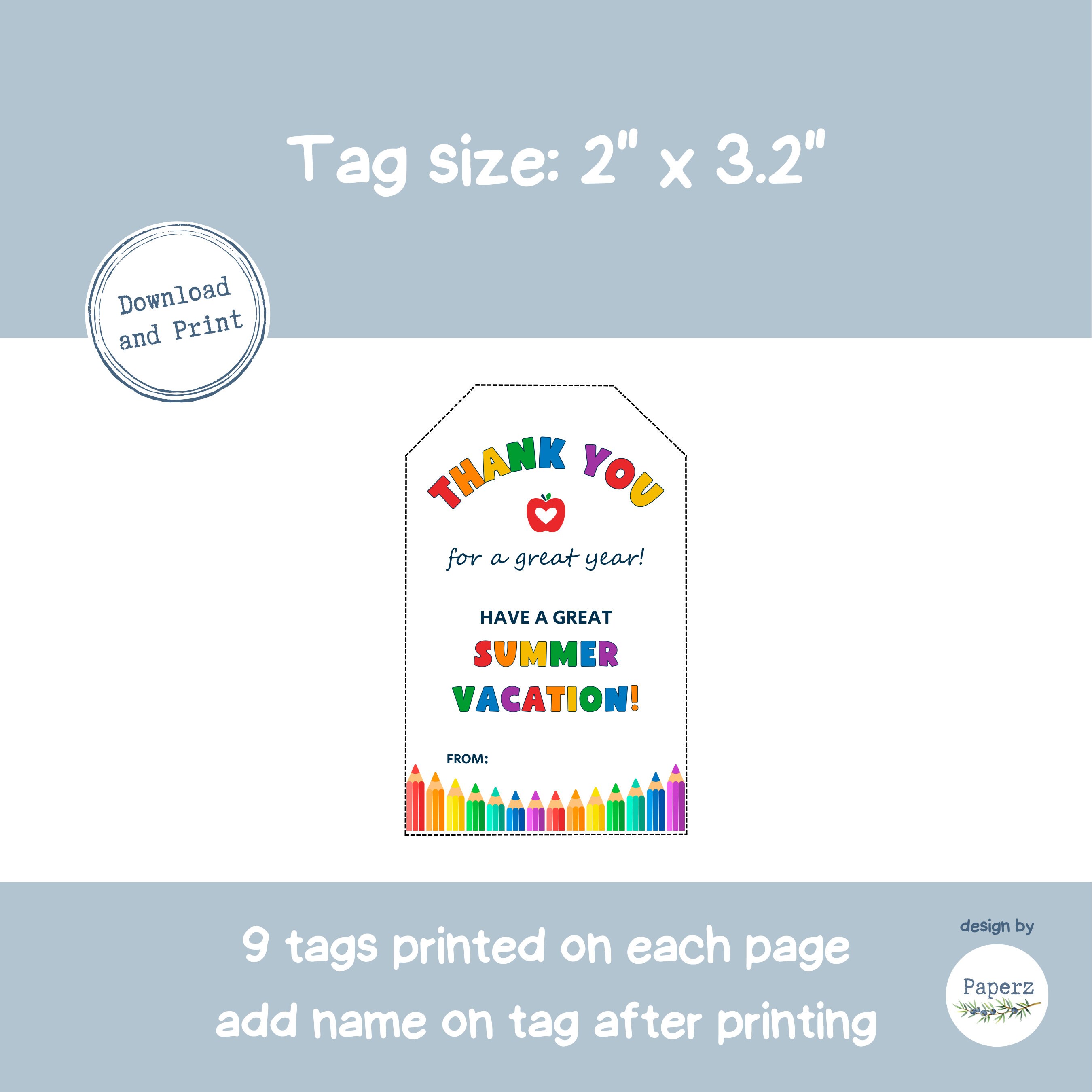 Printable Last Day of School Gift Tags for Teachers, End of Year Thank ...