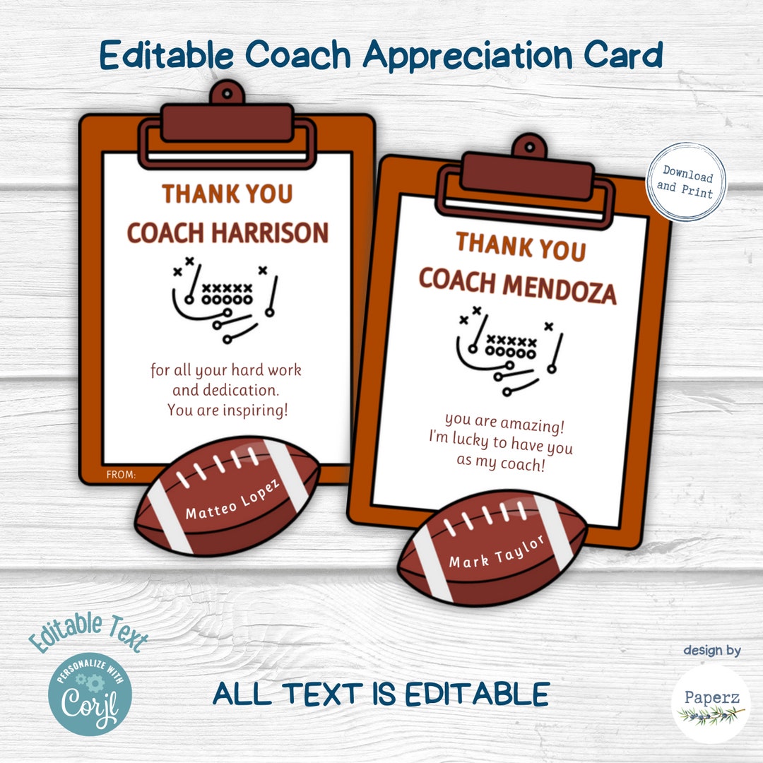 Editable Football Coach Appreciation Card: Printable Thank You (instant ...