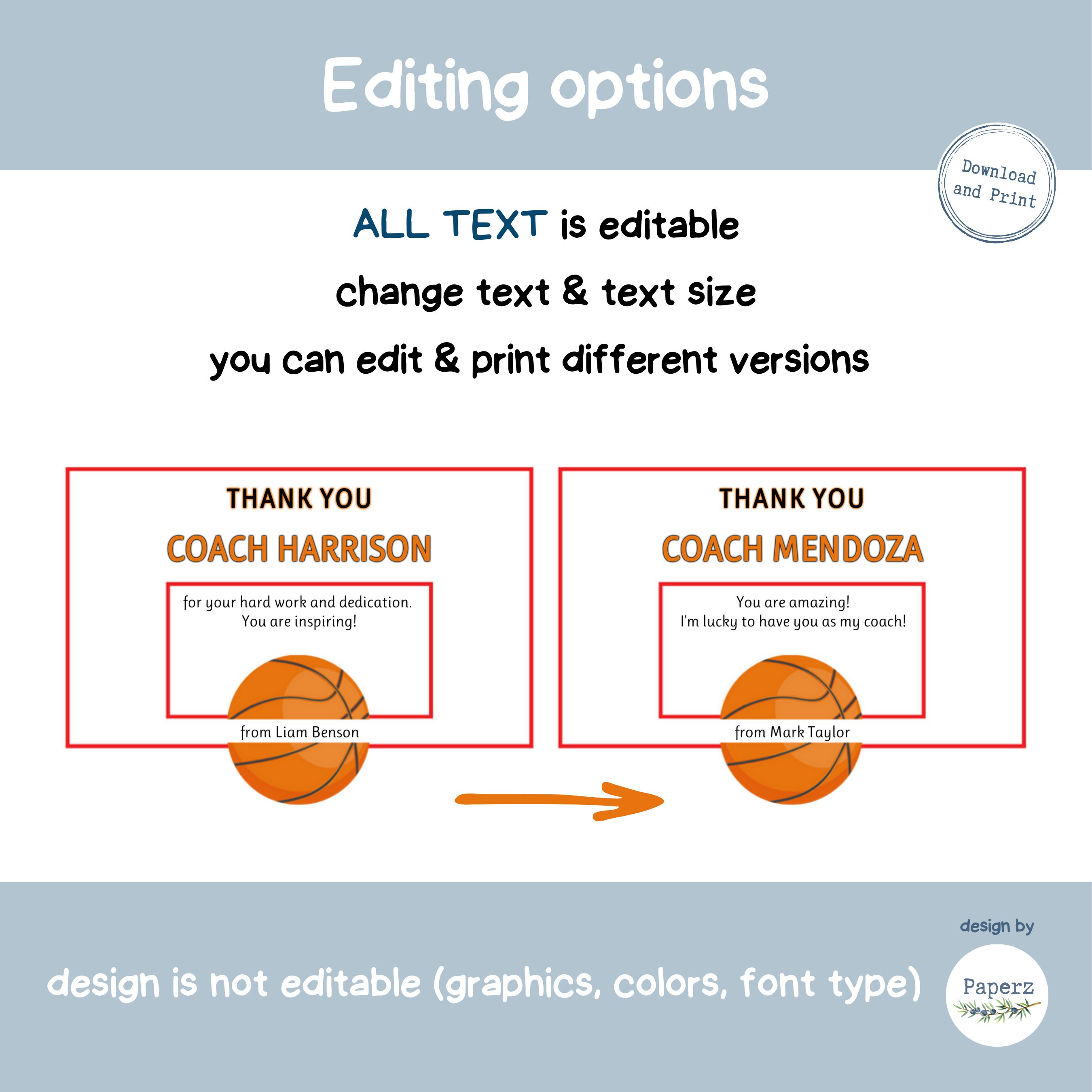 Editable Basketball Coach Thank You Card: Printable Appreciation Gift ...