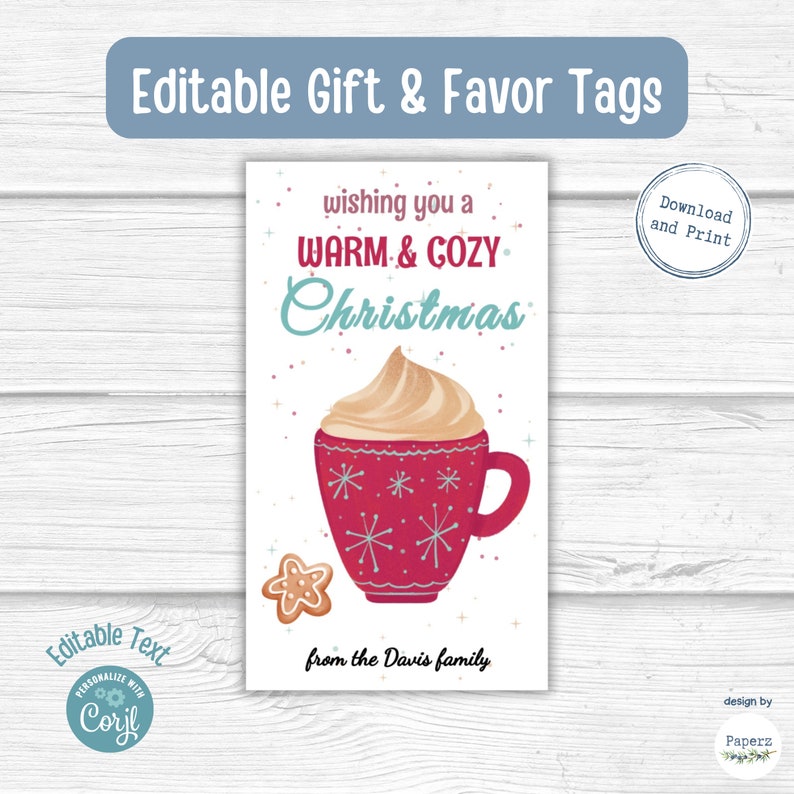 Editable Christmas Favor Bag Labels, Hot Drink Design, Warm and Cozy ...