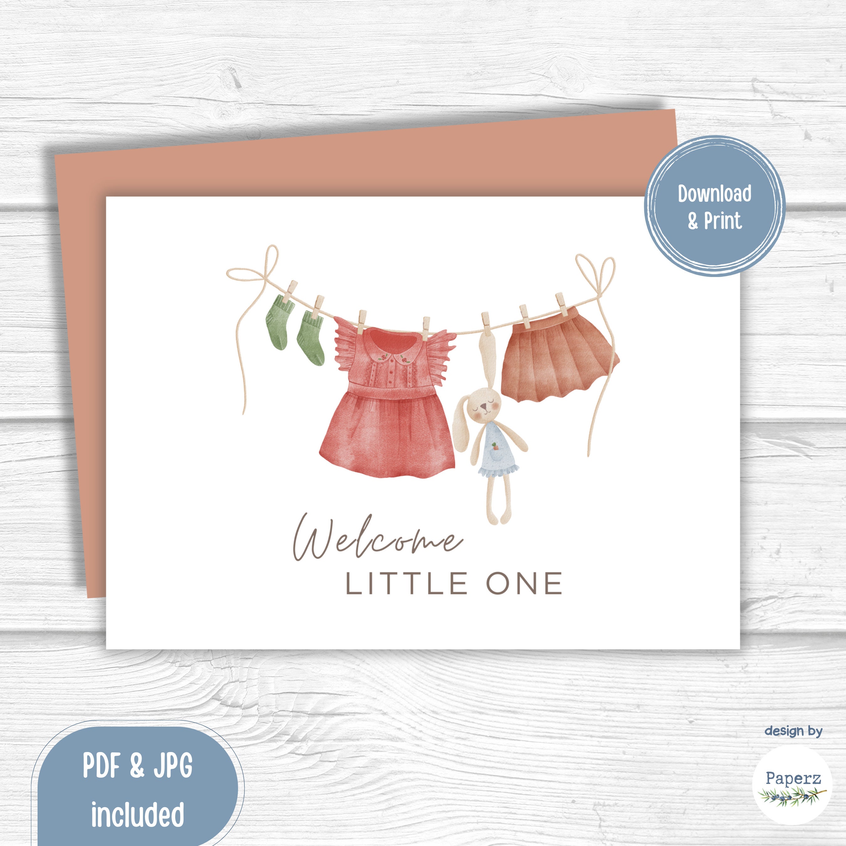 Printable Baby Girl Greeting Card, Watercolor Baby Clothing, Soft Pink ...