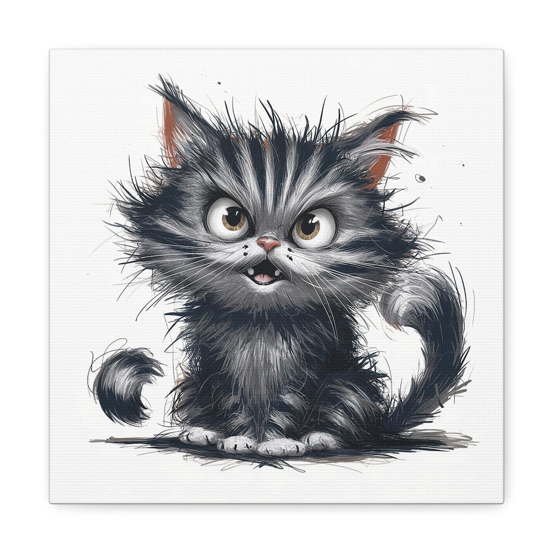 Funny Cat Drawing, Cute Cartoon Animal Artwork, Canvas Wall Art, Kids ...