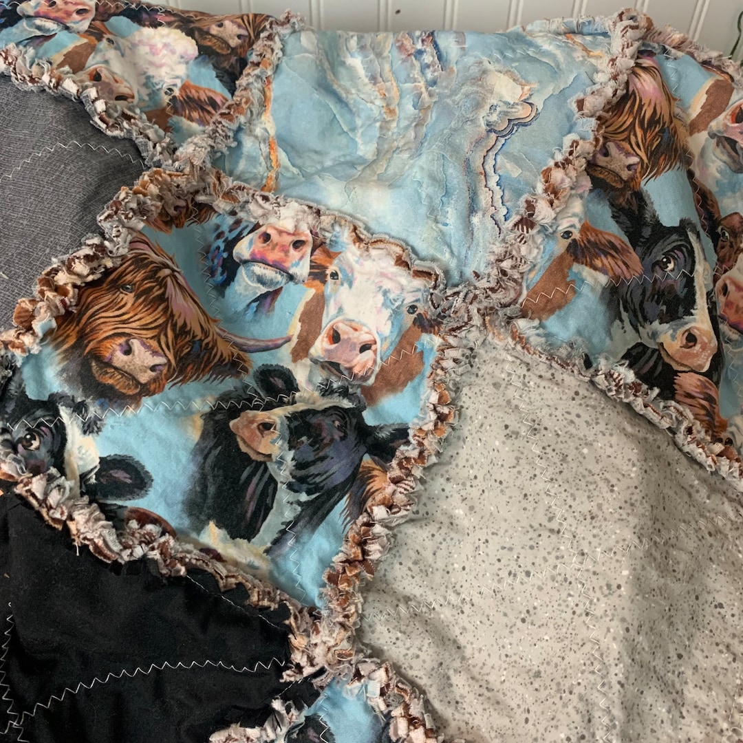 Handmade Highland Cow Blanket Throw Patchwork Rag Quilt Cows Picnic ...