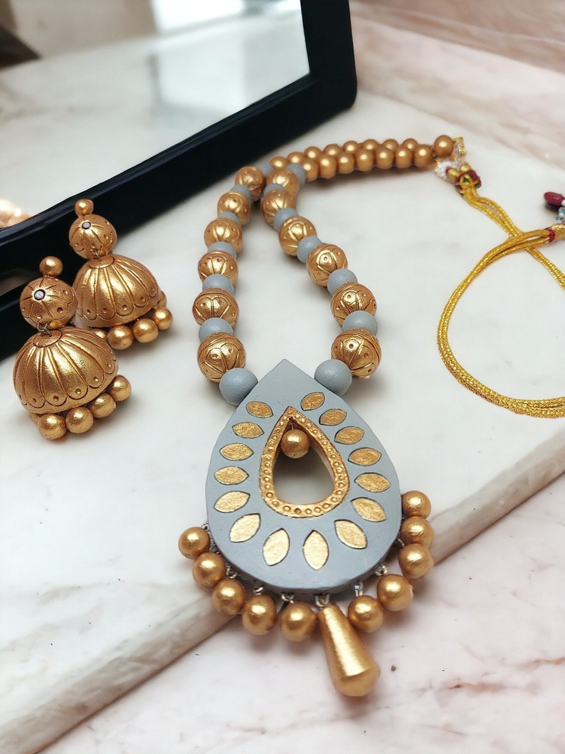 Grey and Golden Terracotta Jewellery, Gift for Her, Women Wear, Indian ...