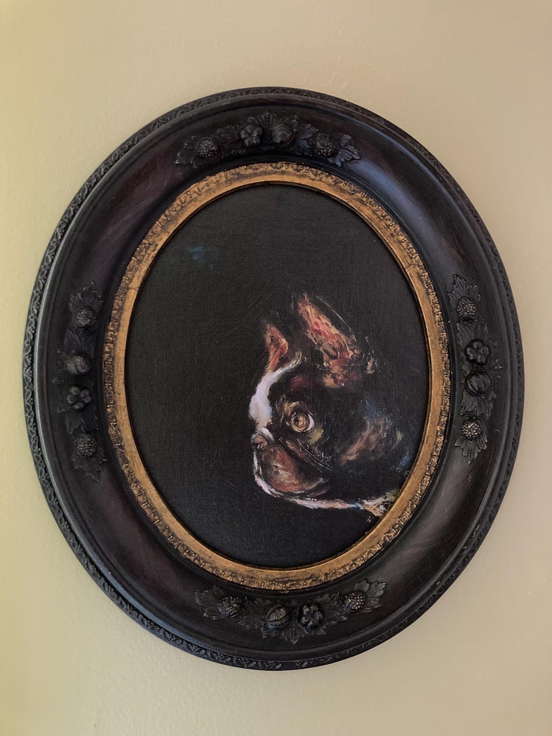 Original Frenchie Boston Terrier Art in Ornate Wooden Antique Oval ...