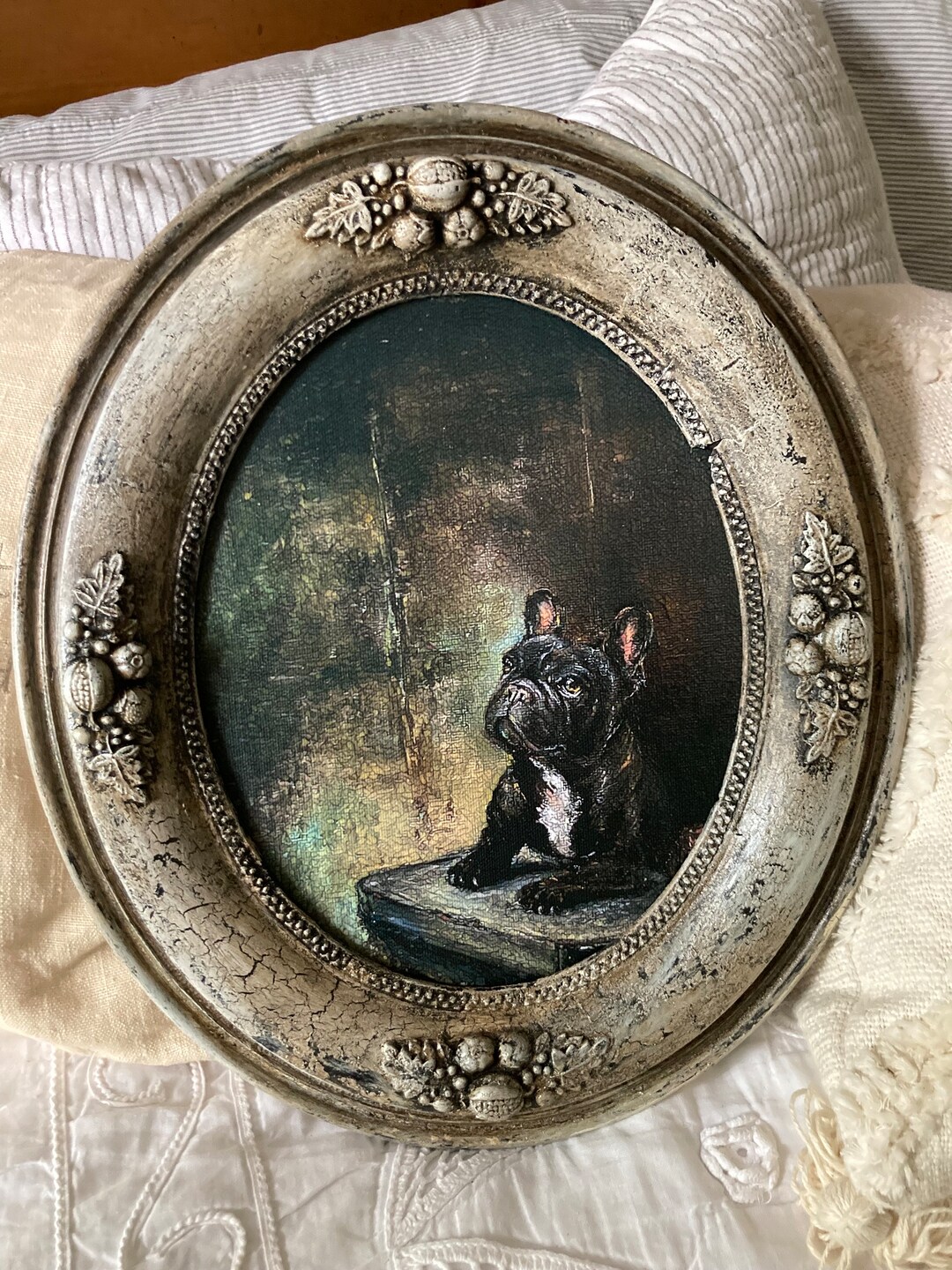 Original Rembrandt Inspired Frenchie Print in White Chippy Antique Oval ...