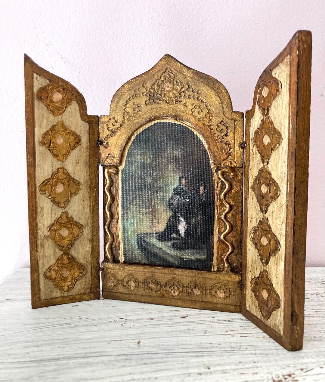 Vintage Devotional Minimalist Gold Gilded Wooden Florentine Triptych Frame Brindle French ...