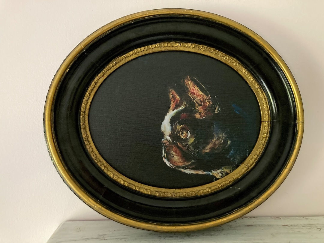 Original French Bulldog Canvas Art Print in Wooden Antique Oval Frame ...