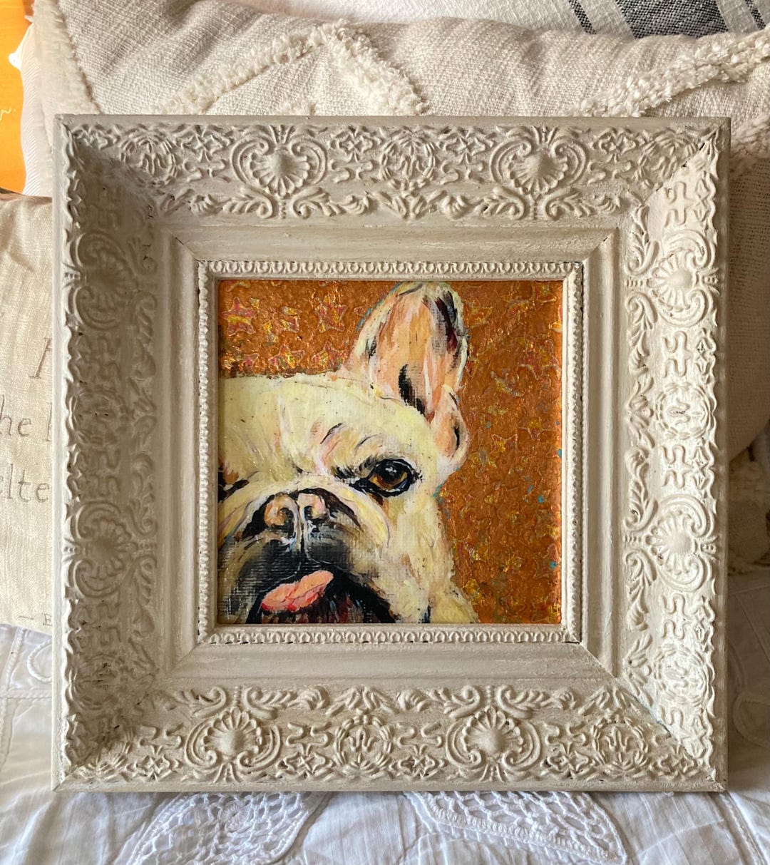 Happy Tongue Out Frenchie Cream French Bulldog Art Print With Gold Leaf ...