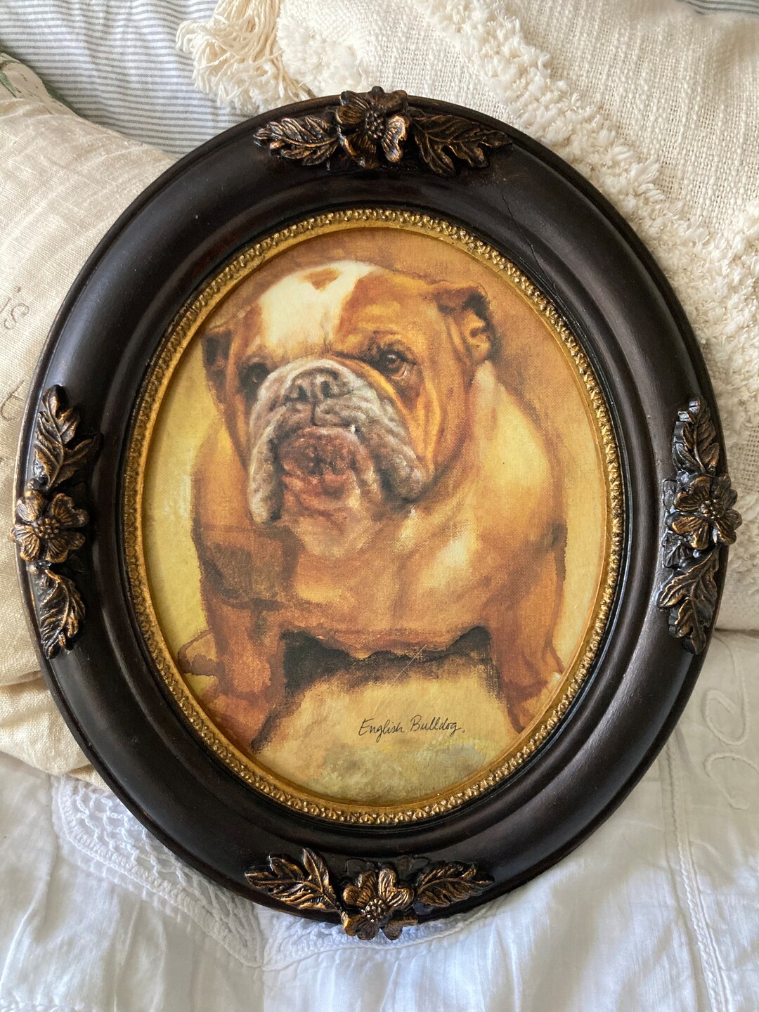 Beautiful Vintage English Bulldog Art Print on Wooden Panel by Artist ...