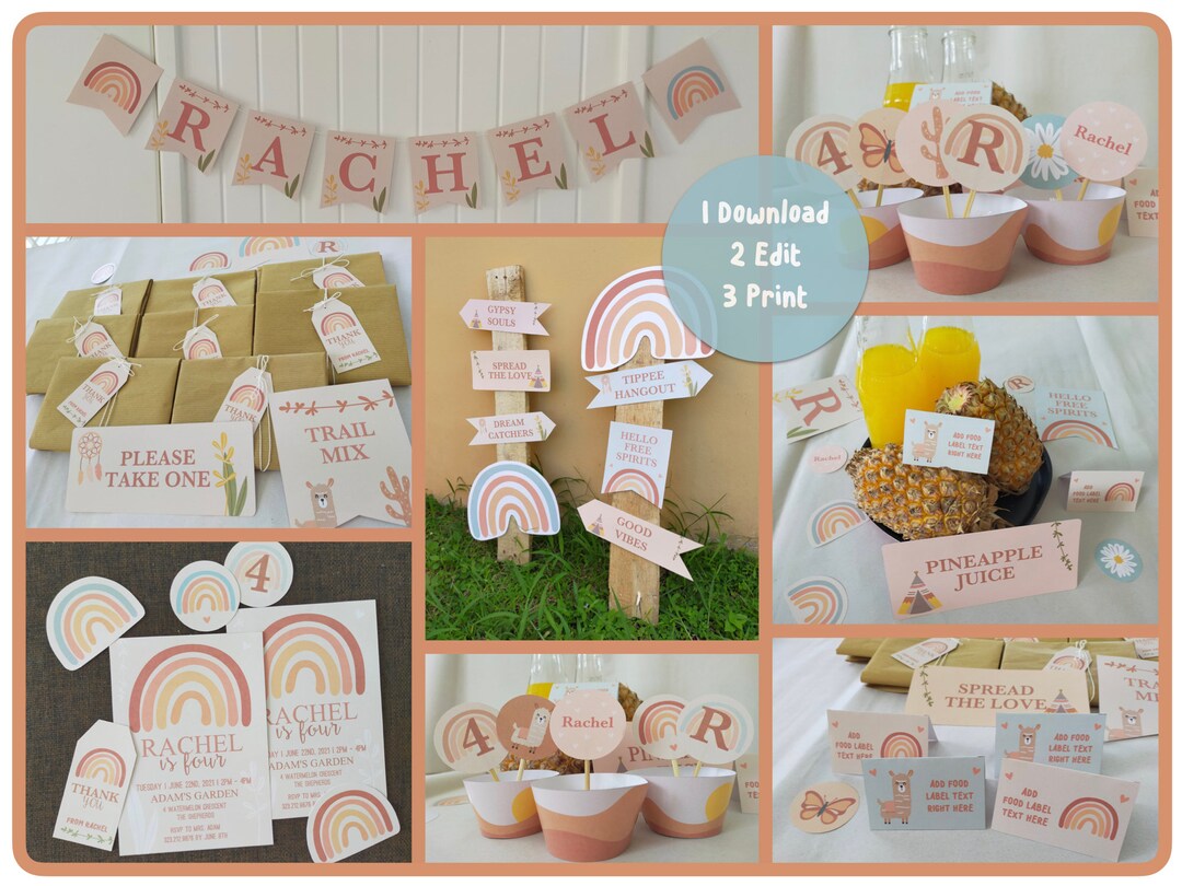 Boho Rainbow Party Printable Instant Download Edit Yourself at Home - Etsy