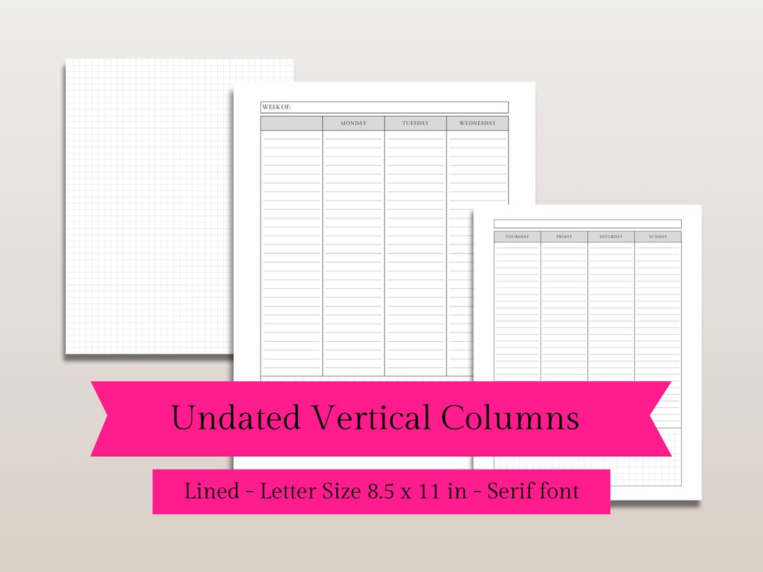 Undated Vertical Layout Weekly Calendar, Minimalist Printable Digital ...