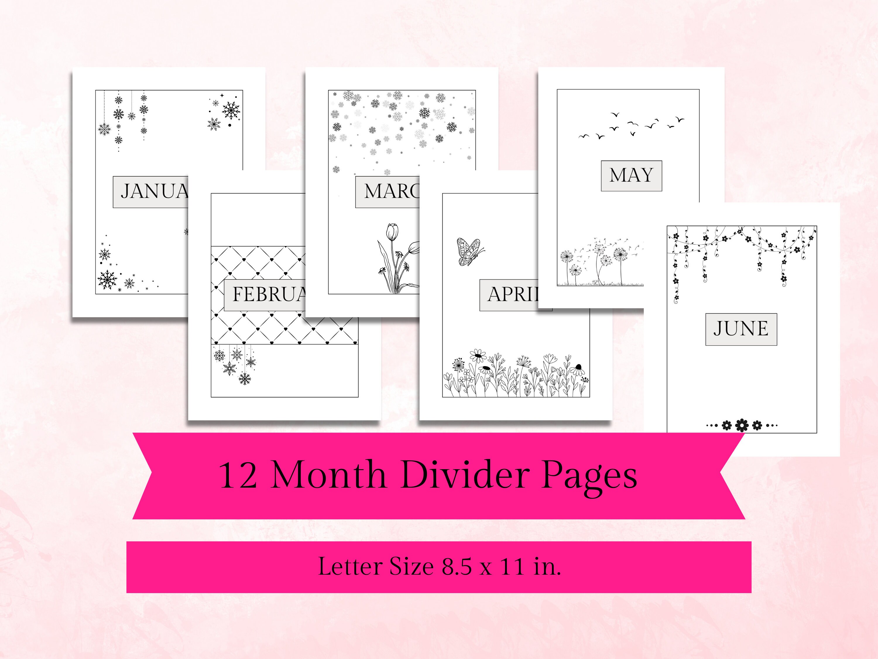 Monthly Calendar Divider Pages, 12 Unique and Seasonal Full Page ...