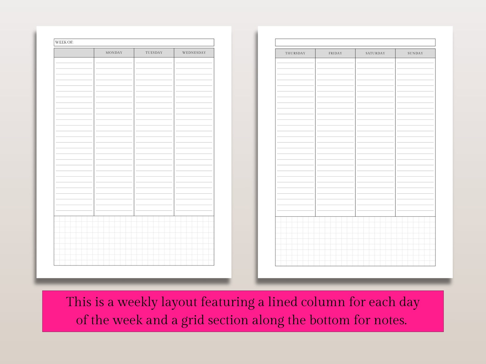 Undated Vertical Layout Weekly Calendar, Minimalist Printable Digital ...