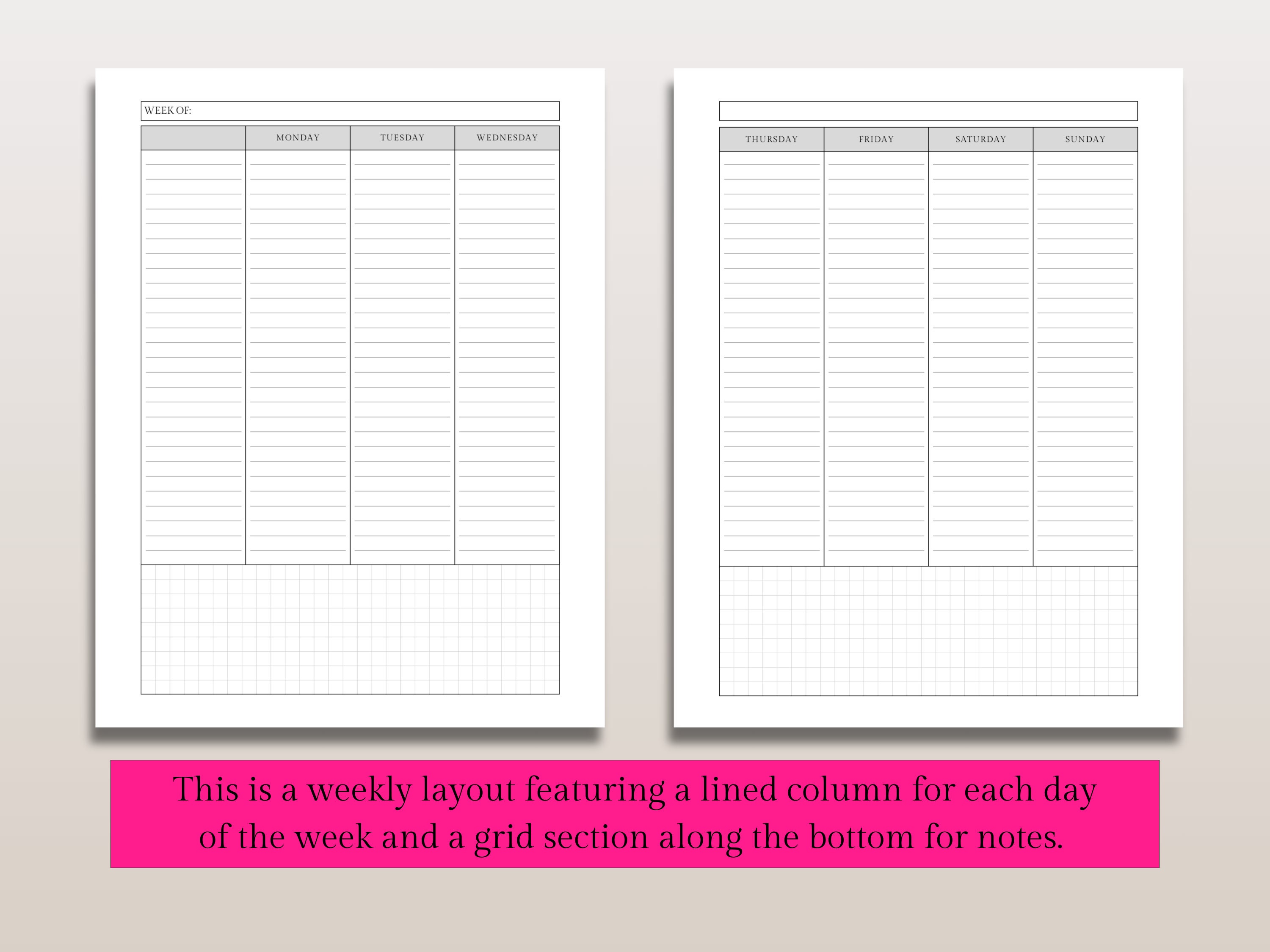 Undated Vertical Layout Weekly Calendar, Minimalist Printable Digital ...