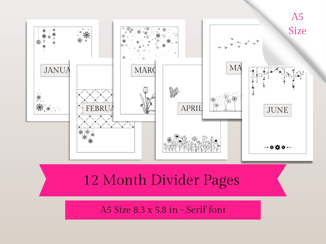 Monthly Calendar Divider Pages, 12 Unique and Seasonal Full Page ...
