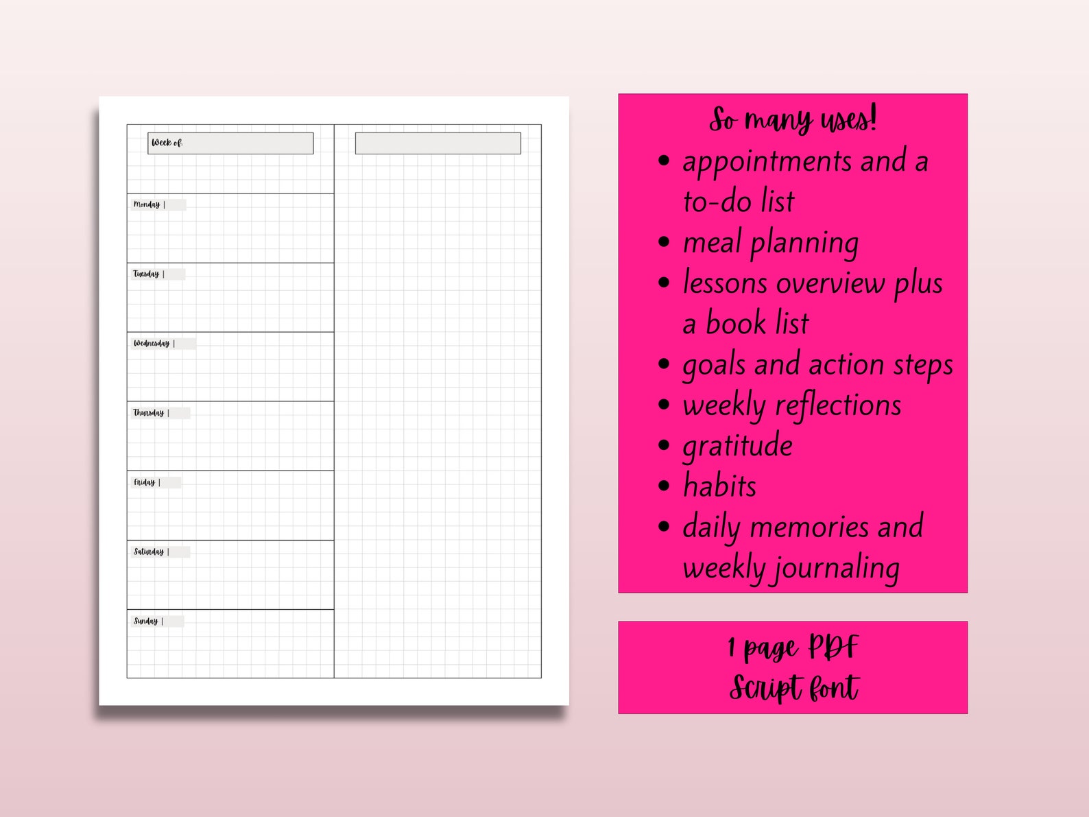Undated Weekly Calendar, Minimalist Printable Digital PDF Download ...
