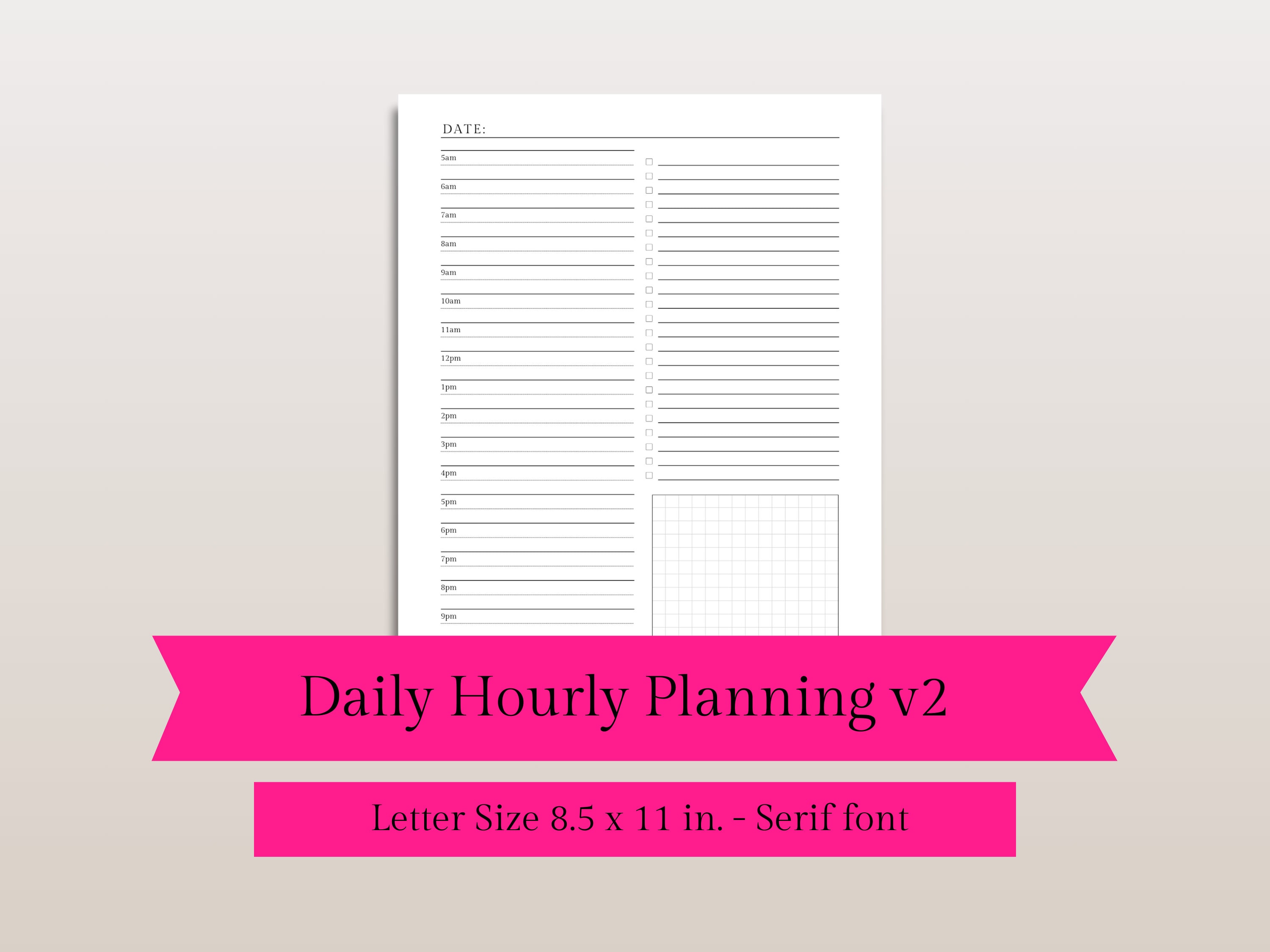 Daily Hourly Planning Page, Printable Digital Download, Productivity ...