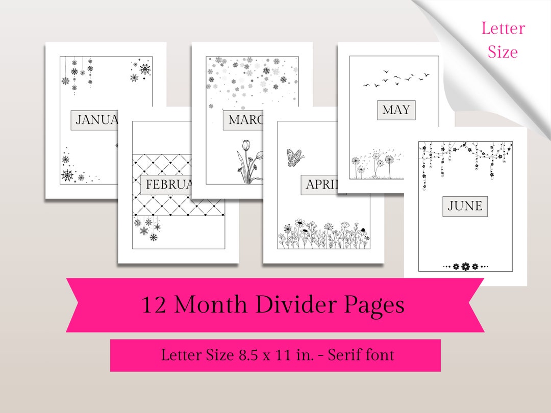 Monthly Calendar Divider Pages, 12 Unique and Seasonal Full Page ...