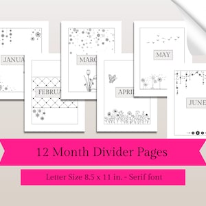 Monthly Calendar Divider Pages, 12 Unique and Seasonal Full Page ...