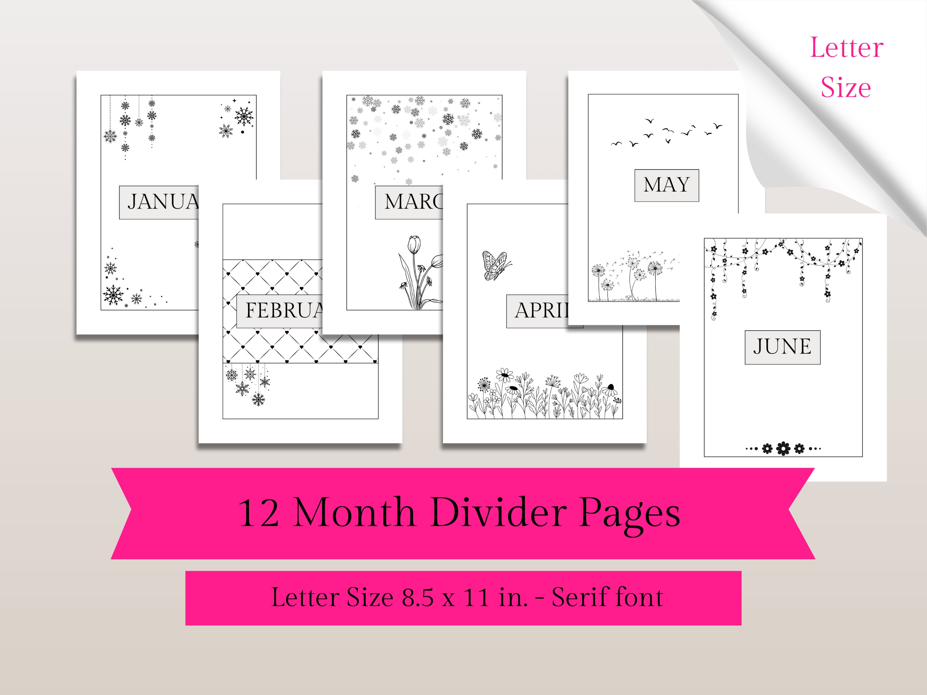 Monthly Calendar Divider Pages, 12 Unique and Seasonal Full Page ...