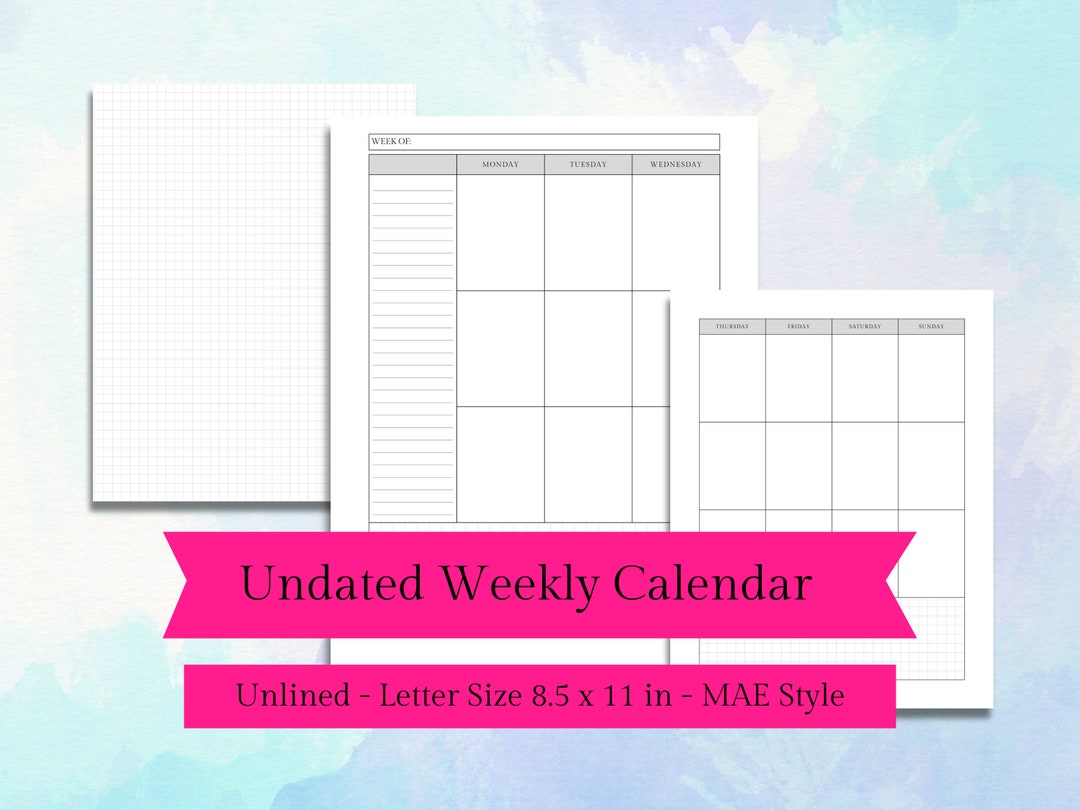 Undated Vertical Layout Weekly Calendar, Minimalist Printable Digital ...