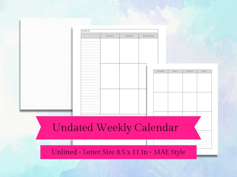 Undated Vertical Layout Weekly Calendar, Minimalist Printable Digital ...