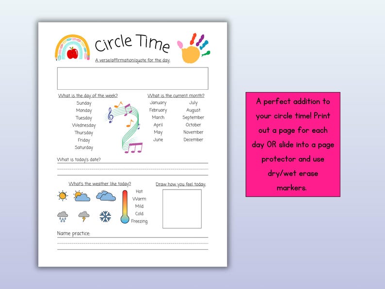 Printable Circle Time Activity for Preschool and Kindergarten, Early ...
