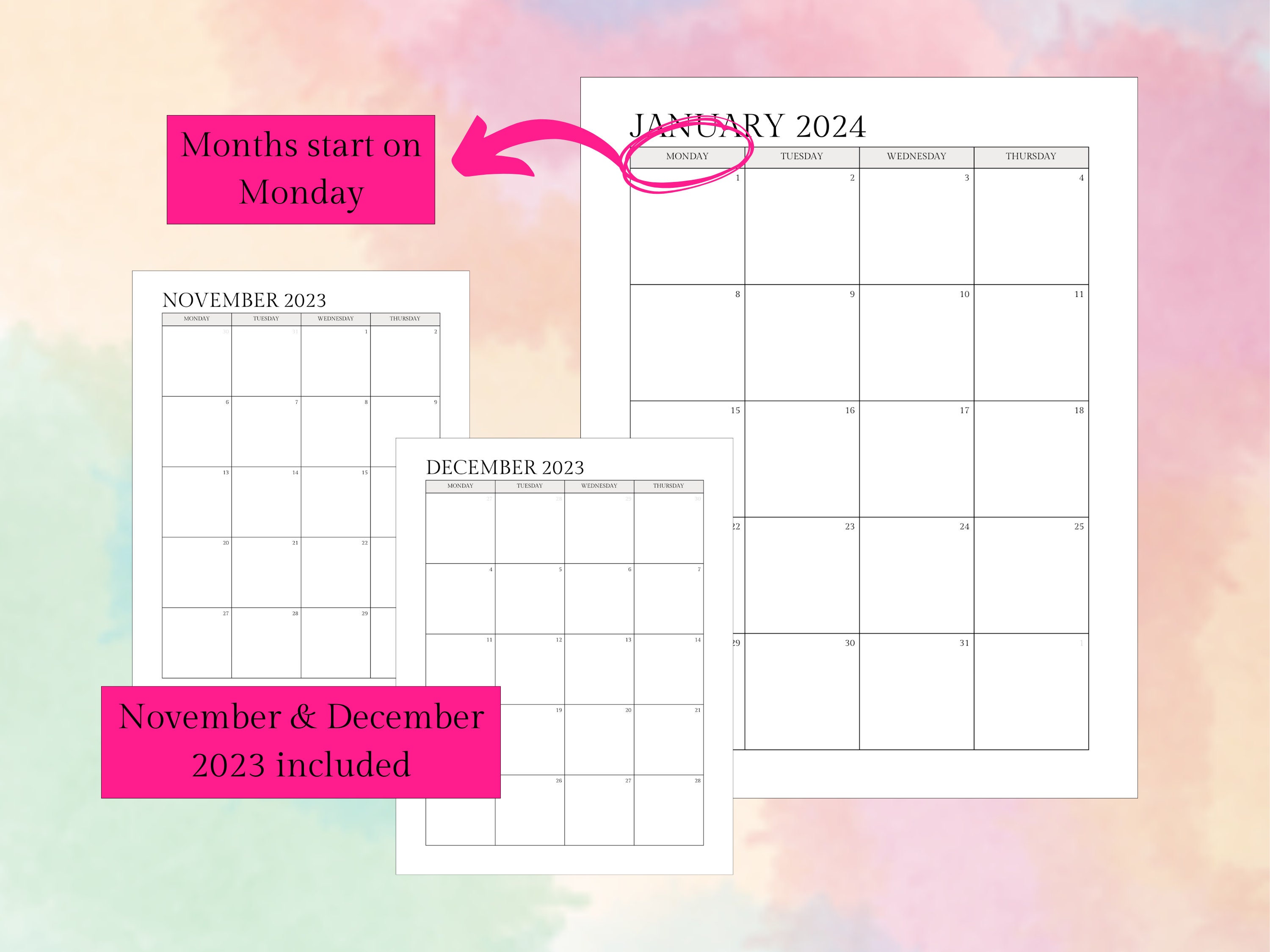 2024 Monthly Calendar, Minimalist Printable Digital PDF Download ...