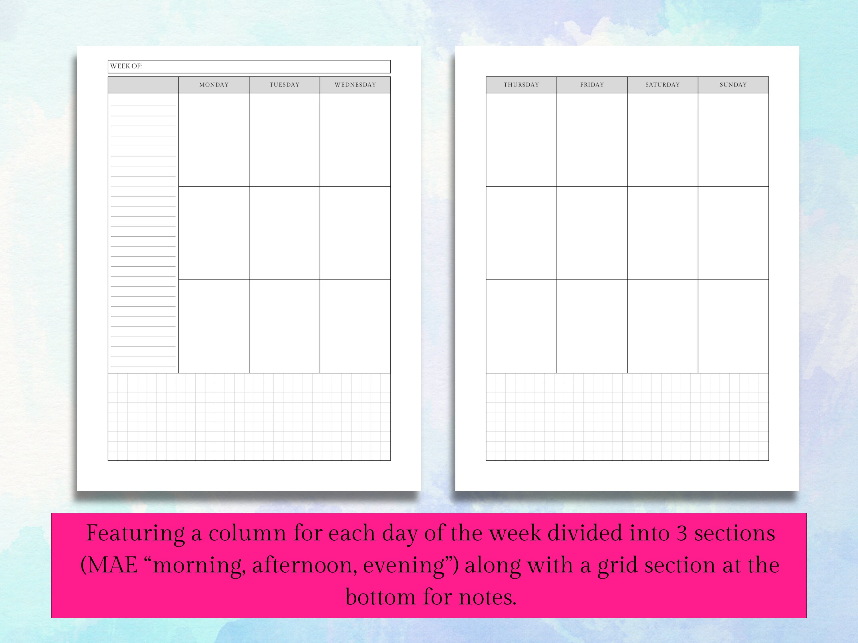 Undated Vertical Layout Weekly Calendar, Minimalist Printable Digital ...