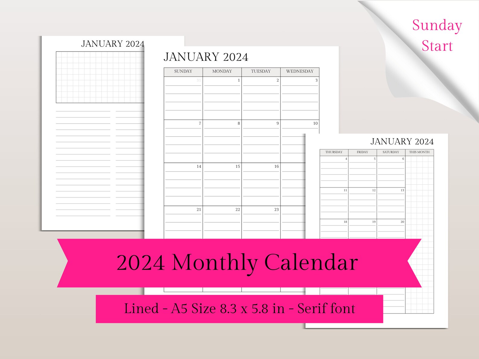 2024 A5 Monthly Calendar, Printable Digital PDF Download, Planner ...