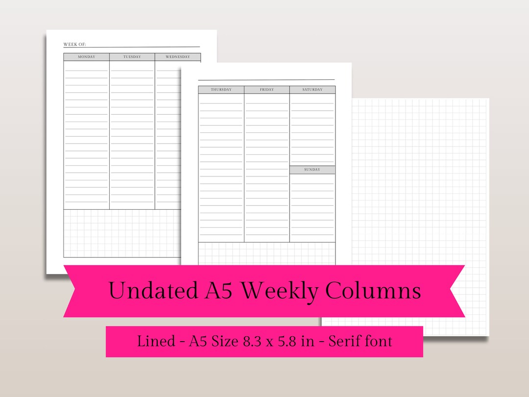 A5 Undated Weekly Calendar, Minimalist Printable Digital PDF Download ...