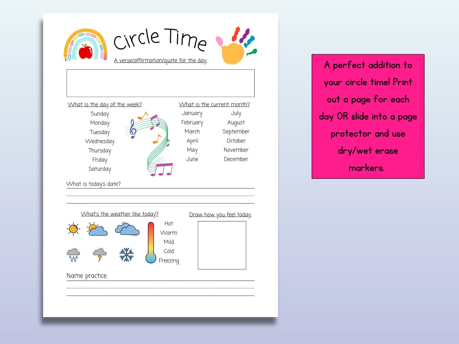 Printable Circle Time Activity for Preschool and Kindergarten, Early ...