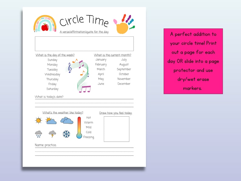 Printable Circle Time Activity for Preschool and Kindergarten, Early ...