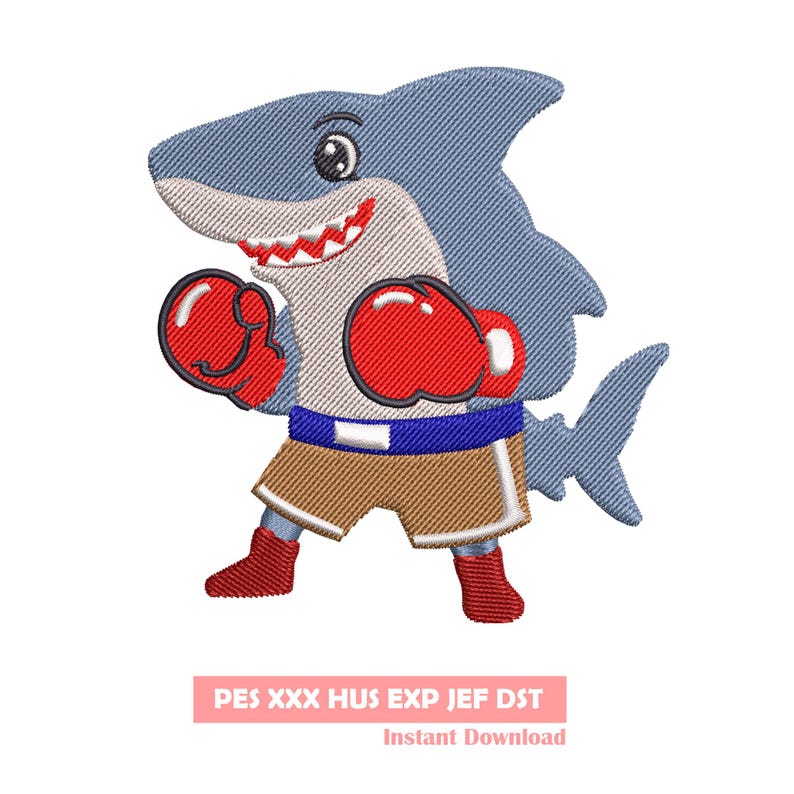 Boxing Shark Embroidery Design – Cute Cartoon Shark With Gloves ...