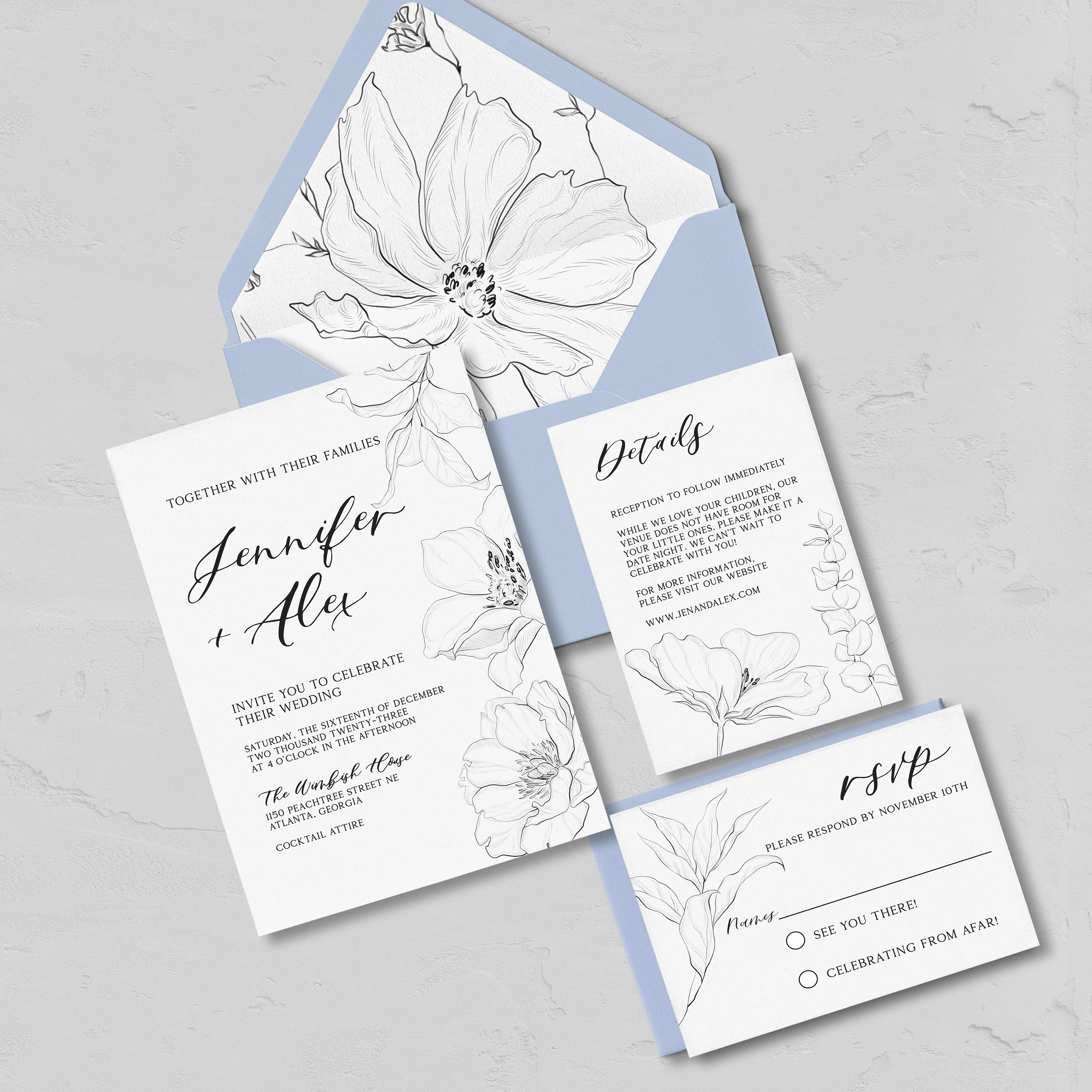 Minimal Floral Wedding Invitation Suite 6 Piece Wedding Invitation ...