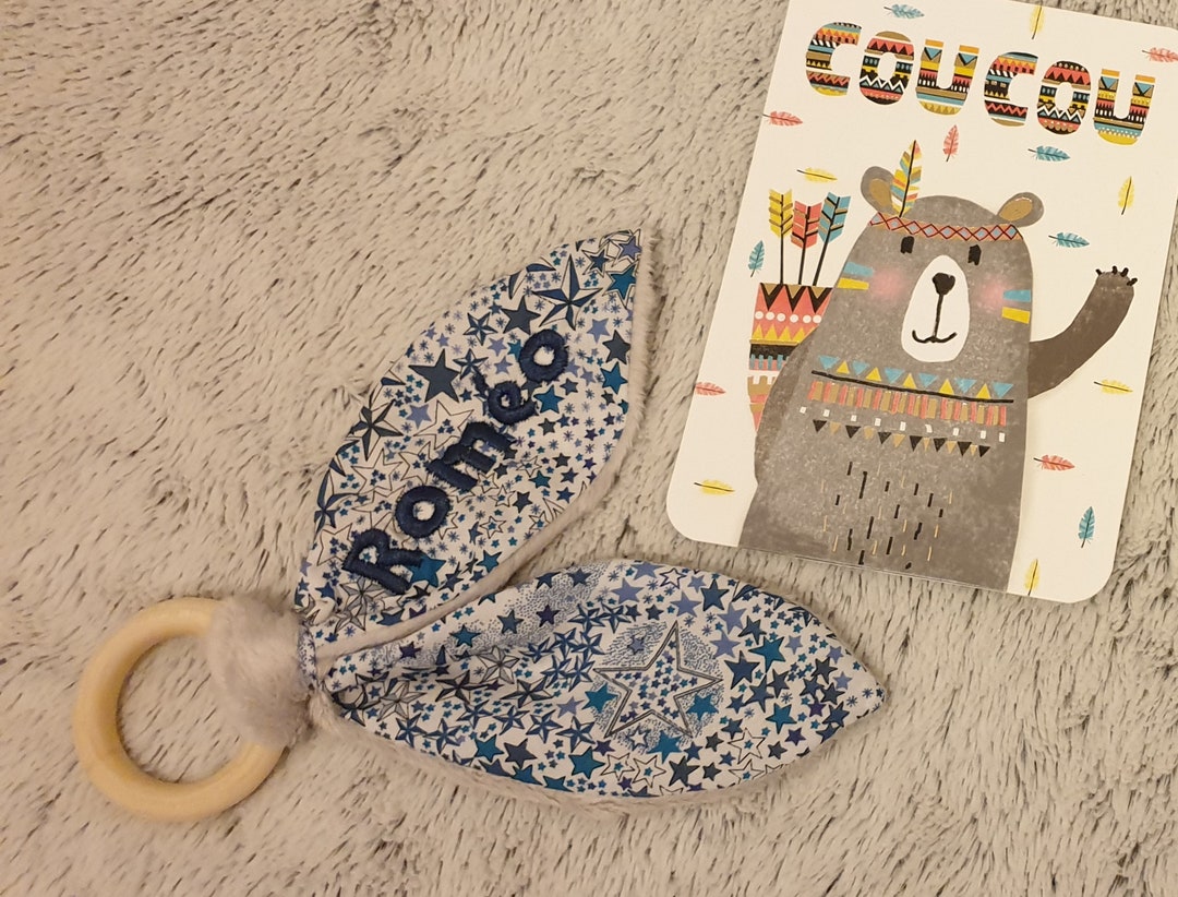 Untreated Wooden Rabbit Ears Rattle in Blue Adelajda Liberty Fabric - Etsy