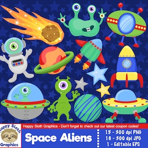 Space Alien Clipart Set, Personal and Commercial Use Vector, Space ...