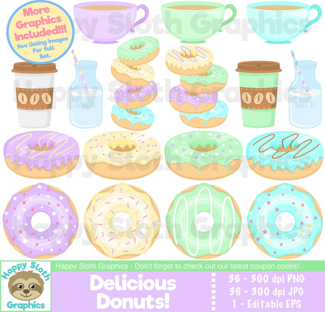 Delicious Donuts Pastel Clipart Set, Personal and Commercial Use Vector ...