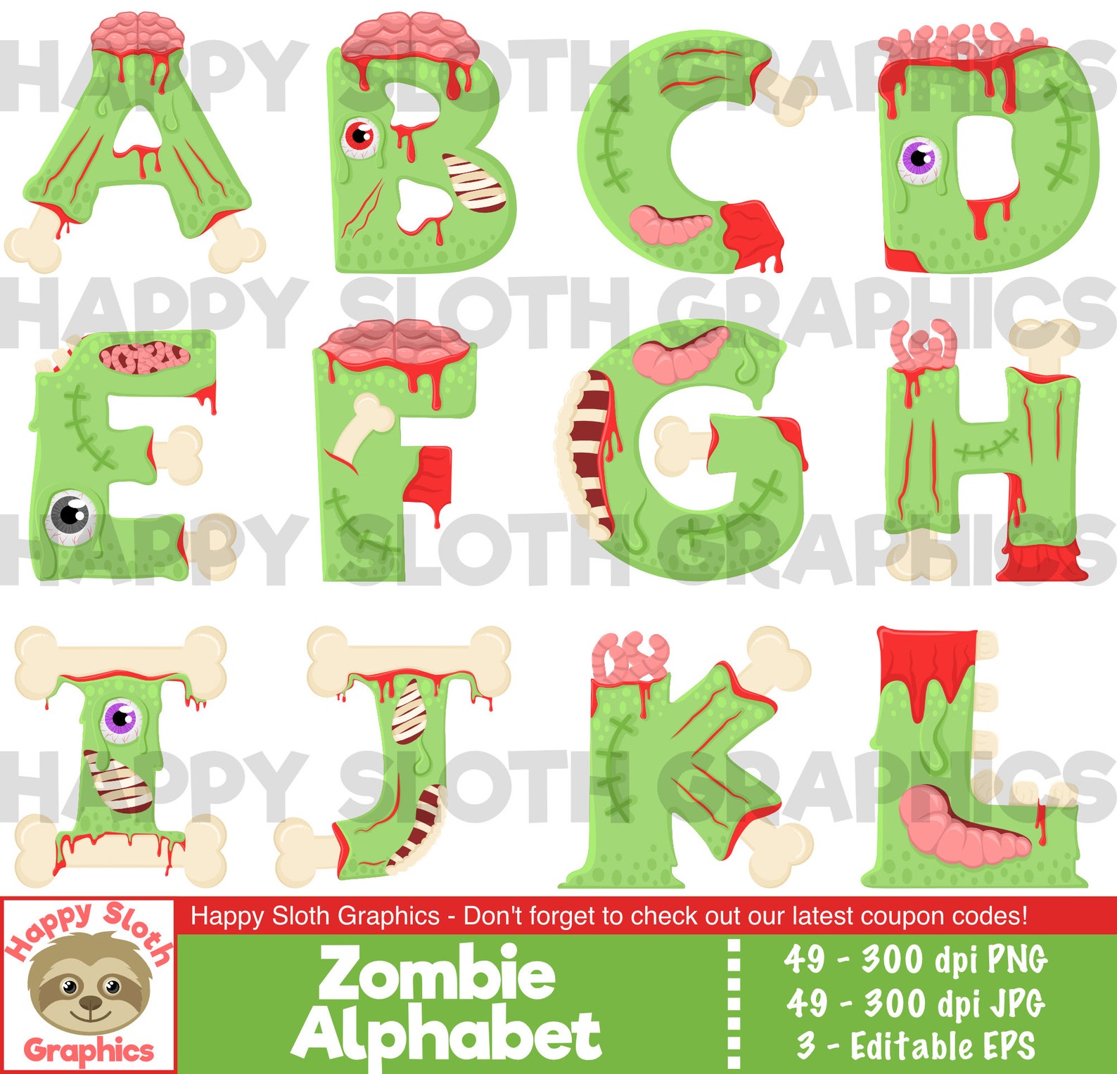 Zombie Alphabet Clipart Set, Personal and Commercial Use Vector ...
