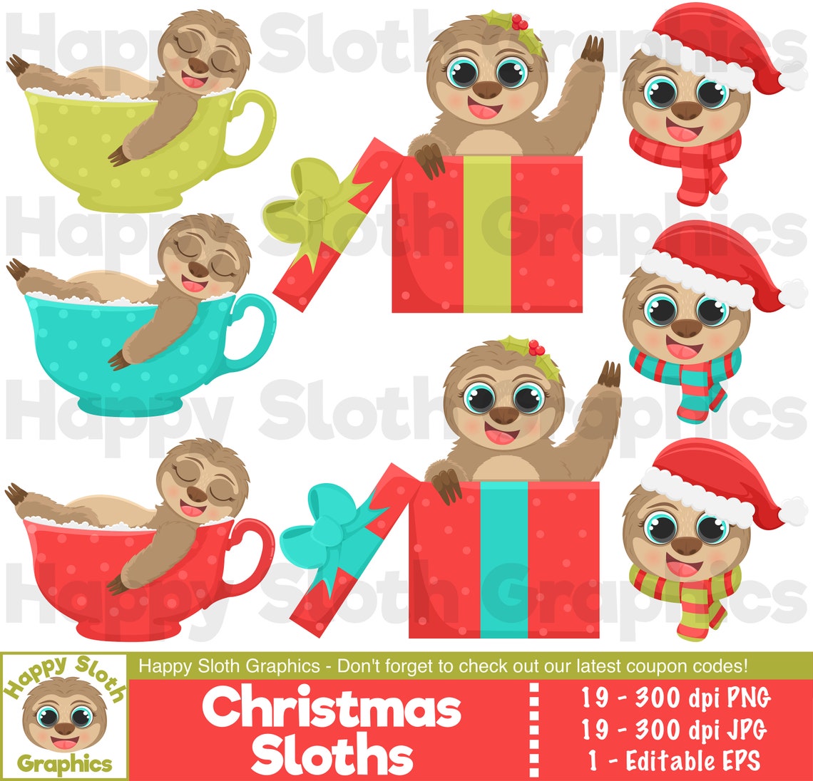 Christmas Sloths Clipart Set, Personal and Commercial Use Vector ...