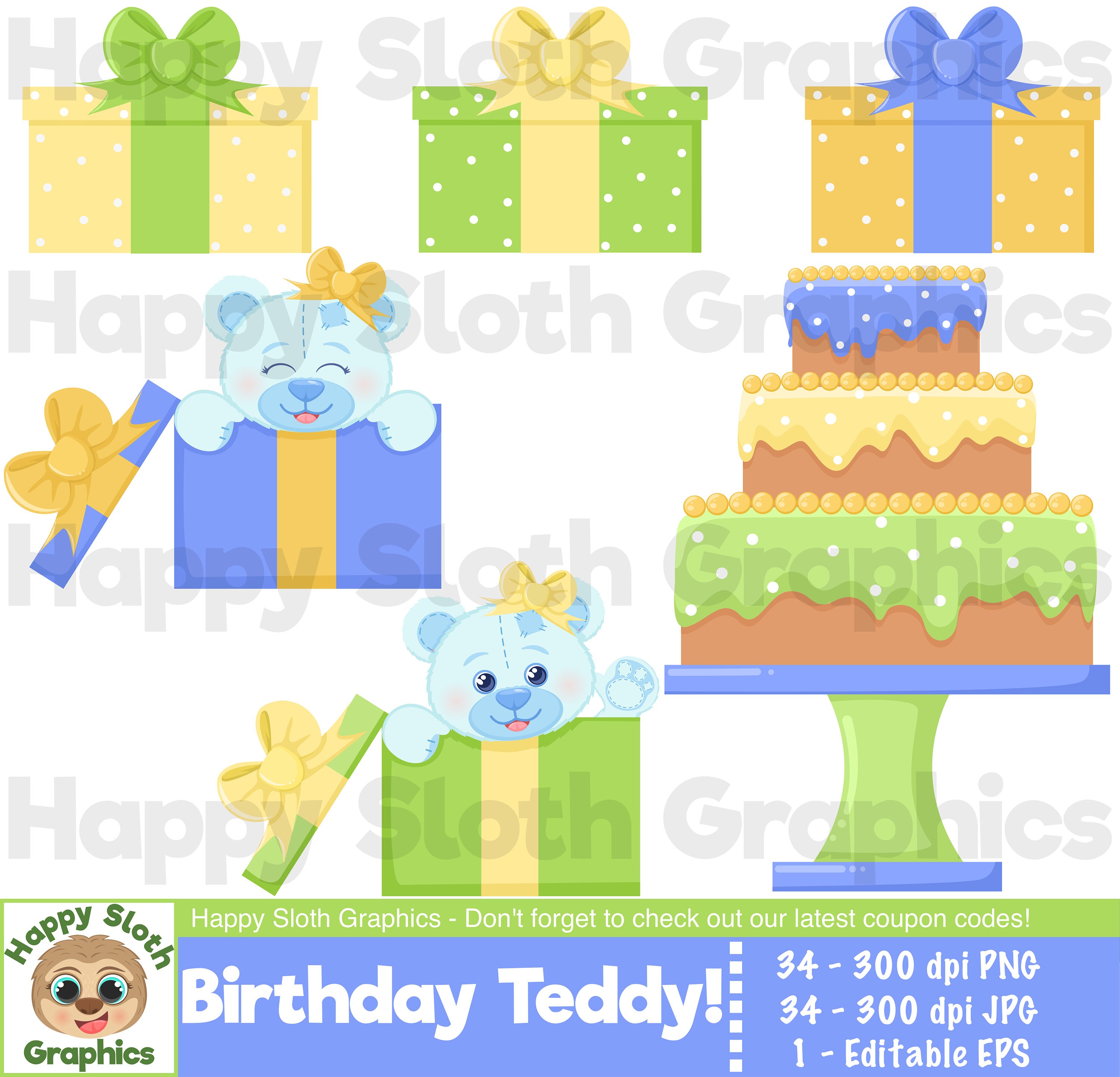 Birthday Teddy Blue Party Clipart Set Personal and Commercial - Etsy