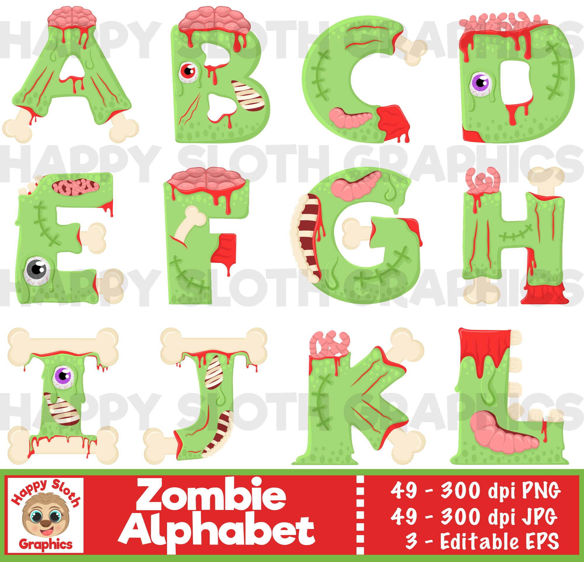 Zombie Alphabet Clipart Set, Personal and Commercial Use Vector ...
