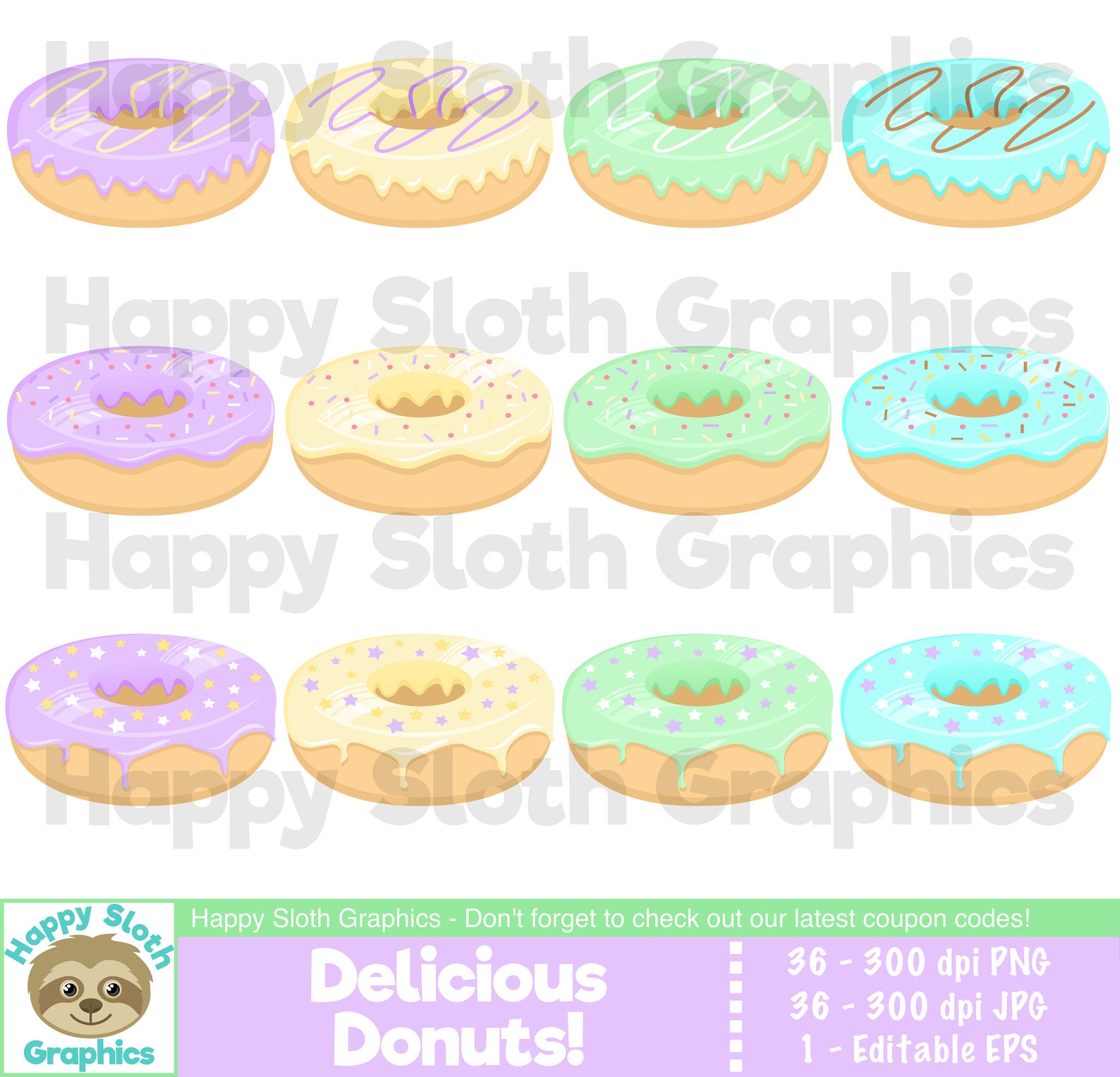 Delicious Donuts Pastel Clipart Set, Personal and Commercial Use Vector ...
