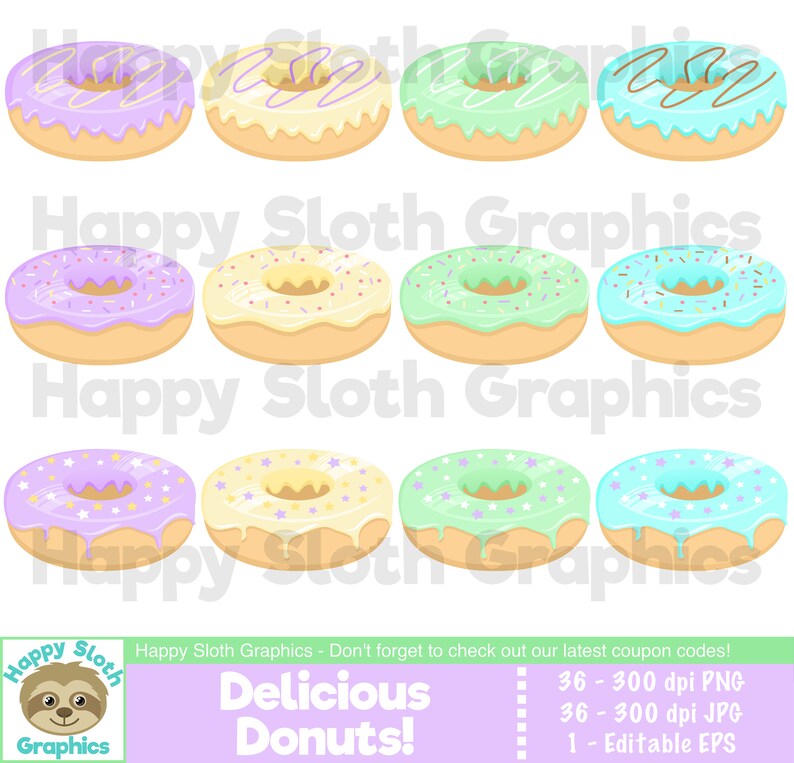 Delicious Donuts Pastel Clipart Set, Personal and Commercial Use Vector ...