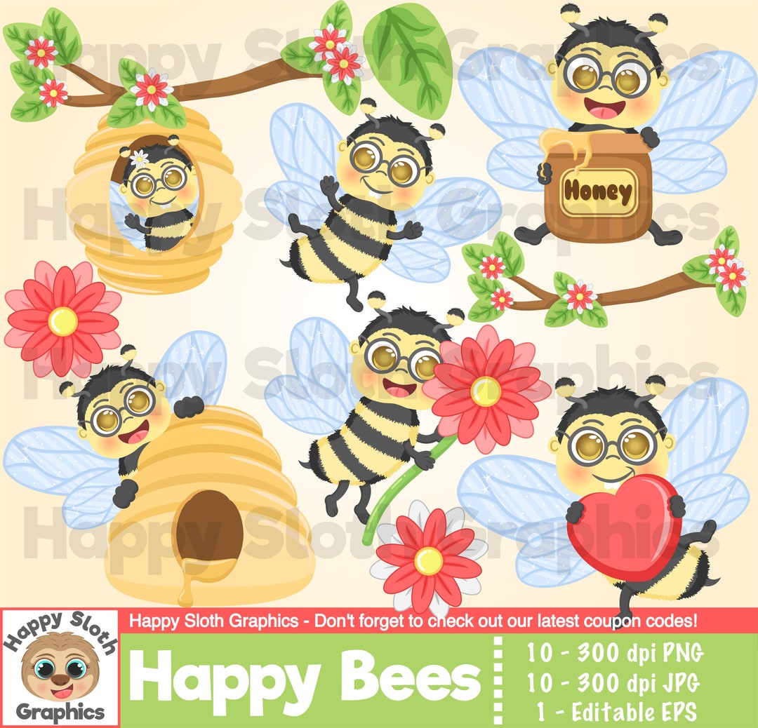 Happy Bees Clipart Set, Personal and Commercial Use Vector Animals ...